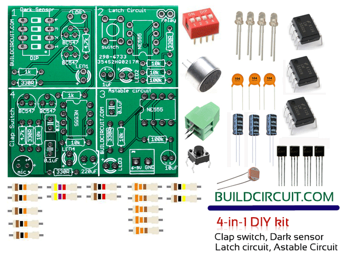 4 in 1 DIY kit- dark sensor, clap switch, latch switch and astable ...